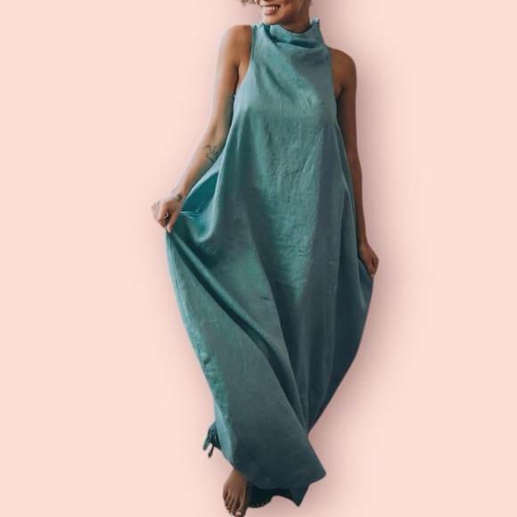 Visible Art | Dresses | Visible Art Linen Cowl Neck Ruched Back Dress ...